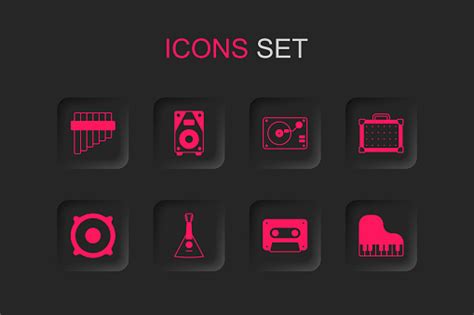 Balalaika 스테레오 스피커 팬 플루트 레트로 오디오 카세트 테이프 기타 앰프 그랜드 피아노 비닐 디스크가 있는 비닐 플레이어 아이콘 세트 벡터 Dj에 대한 스톡 벡터