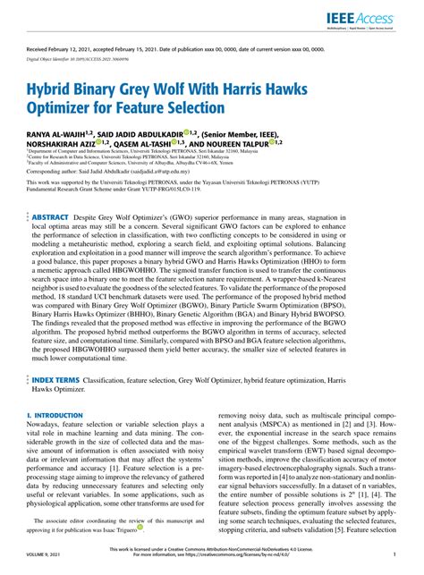 Pdf Hybrid Binary Grey Wolf With Harris Hawks Optimizer For Feature Selection
