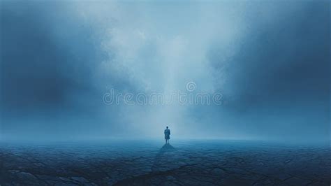 Dark And Foreboding Twitty Image Of A Person Standing In Blue Fog Stock