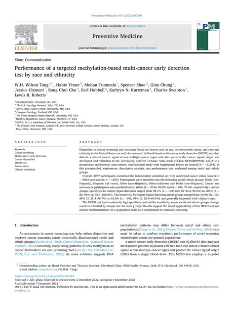 Pdf Performance Of A Targeted Methylation Based Multi Cancer Early