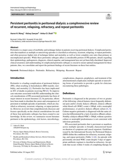 Persistent Peritonitis In Peritoneal Dialysis A Comphrenesive Review