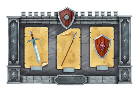 게임 인터페이스 Gui 돌 메뉴 패널 중세 Rpg 배경 디자인 바위 프레임 나무 방패 0명에 대한 스톡 벡터 아트 및 기타