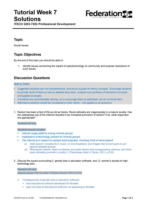 Itech3002 Tutorial 3 Tutorial Week 7 Solutions Itech 3203 7203 Professional Development Topic