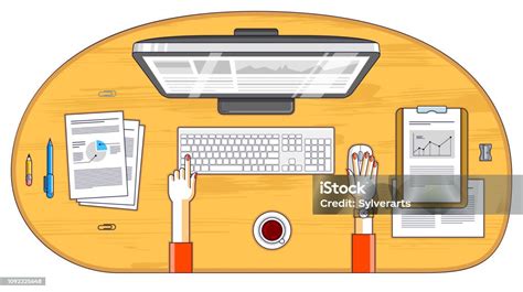 작업 책상 작업 영역 상단 보기 회사원 또는 기업가 Pc 컴퓨터 및 많은 다른 편지지 개체의 손으로 테이블에 모든 요소는 별도로