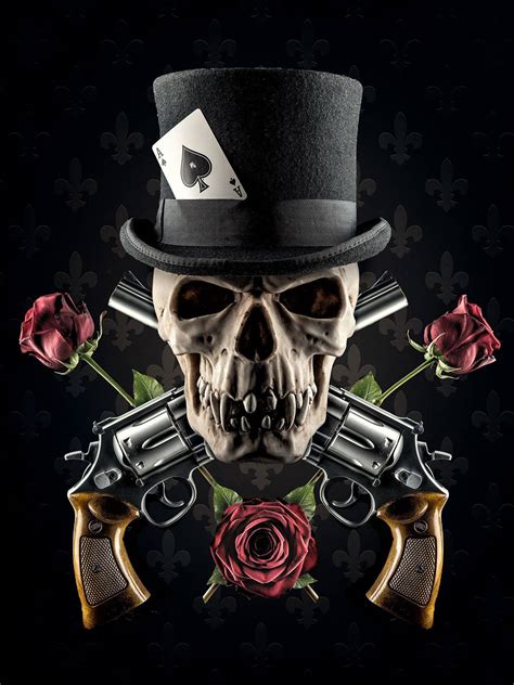 Download Gangster Skeleton With Guns And Roses Wallpaper