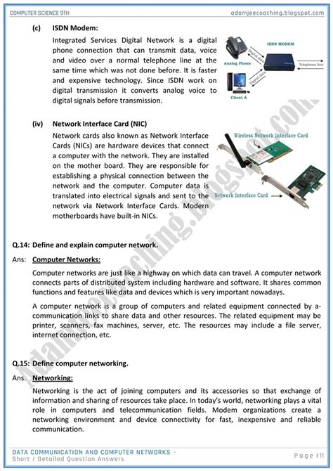 Adamjee Coaching Data Communication And Computer Networks Question Answers Computer Science 9th