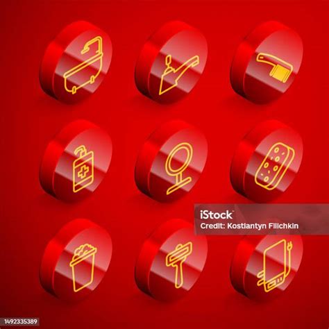 세트 라인 욕조 수도꼭지 헤어 브러시 손 소독제 병 둥근 화장 거울 스폰지 비누 비눗물이 든 양동이 및 면도 면도기 아이콘 벡터 3차원 형태에 대한 스톡 벡터 아트 및 기타