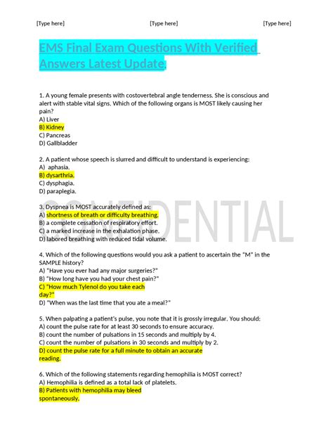 EMS Final Exam Questions With Verified Answers Latest Update Exams Nursing Docsity