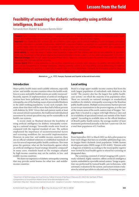 Pdf Feasibility Of Screening For Diabetic Retinopathy Using Artificial Intelligence Brazil