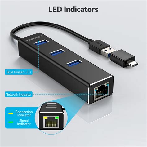 Tecknet Usb To Ethernet Adapter Usb C To Ethernet Aluminum 3 Port Usb