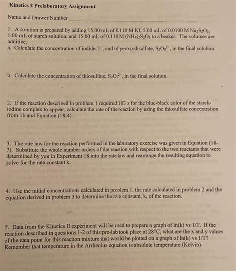 solved kinetics 2 prelaboratory assignment name and drawer
