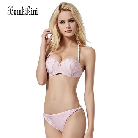 Mermaid Shell Bra Bikinis Set Solid Swimsuit Halter Neck Swimwear Women