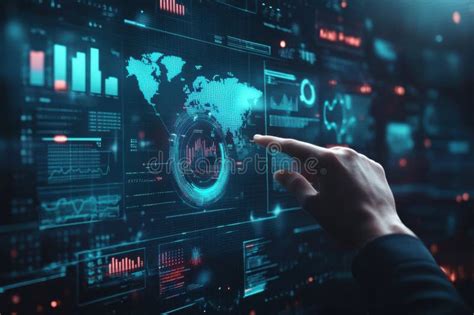 Hand Reaching Towards A Futuristic Holographic Interface With World Map And Data Analytics