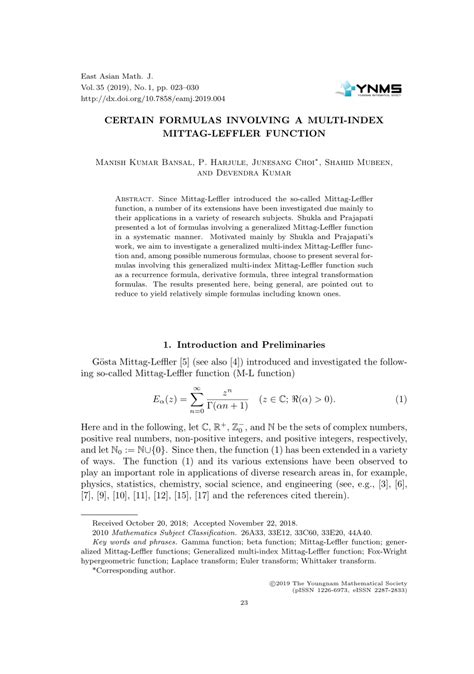 Pdf Certain Formulas Involving A Multi Index Mittag Leffler Function
