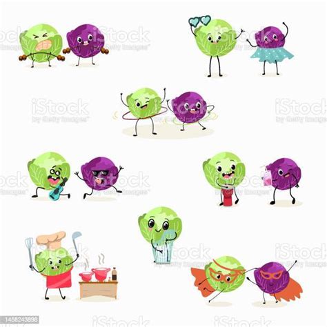 양배추의 재미있는 세트 스포츠를하는 캐릭터의 컬렉션 악기 연주 승마와 그림 재미 있고 건강한 음식 귀여운 얼굴 음식 재료 채식주의 벡터 만화 슈퍼히어로에 대한 스톡 벡터