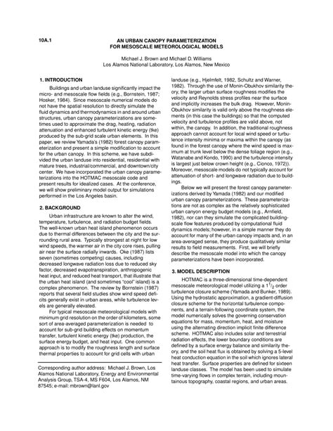 Pdf An Urban Canopy Parameterization For Mesoscale Meteorological Models