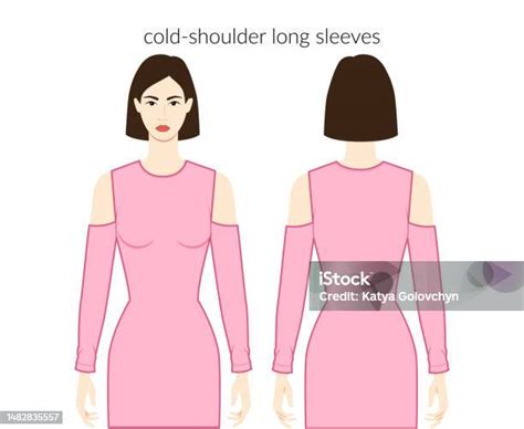 차가운 어깨 소매 긴 길이 옷 캐릭터 핑크 탑 셔츠 드레스 테크니컬 패션 일러스트에 아름 다운 아가씨와 몸에 맞은 플랫 의류 템플릿 앞면 뒷면 여성 남성 남녀 공용 Cad