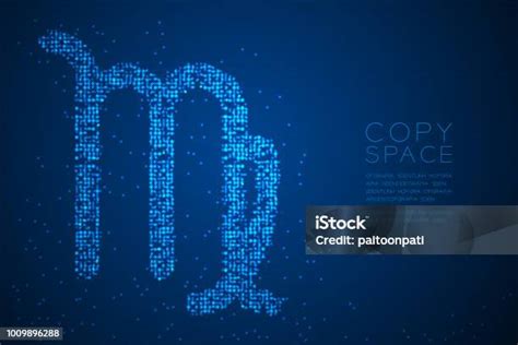 추상적인 기하학적 Bokeh 서클 도트 픽셀 패턴 처녀자리 조디악 기호 모양 별자리 개념 디자인 블루의 컬러 일러스트 레이 션의