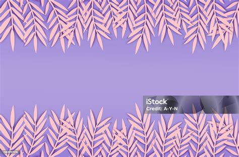 추상 종이 컷 핑크 잎 가로 테두리 배너 디자인 파티 초대 벡터 꽃 템플릿입니다 정글 단풍 그림입니다 보라색 배경에 열대 종이 손바닥 잎 0명에 대한 스톡 벡터 아트 및