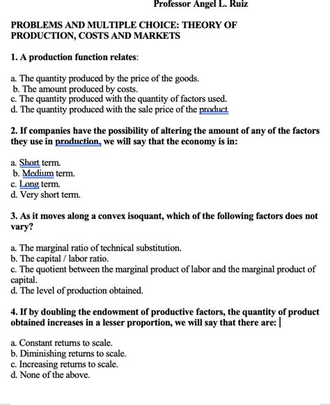 Solved 1 A Production Function Relates A The Quantity