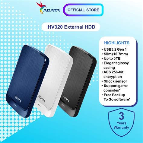 Adata Hv320 Usb32 Ext Hdd Slim 107mm 1tb2tb Blackbluewhite