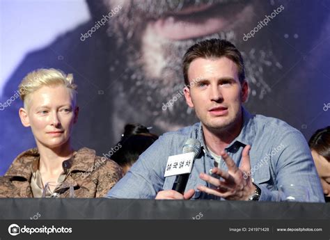 American Actor Chris Evans Right British Actress Tilda Swinton Present