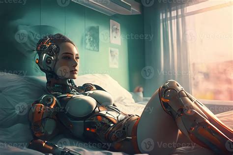 A Female Robot Lying On A Bed In The Bedroom Domestic Helper Stock Photo At Vecteezy
