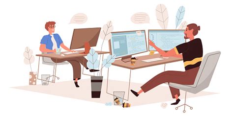 플랫 스타일로 웹 개념을 작업 프로그래머 개발자는 코드를 코딩하고 소프트웨어를 개발하고 오픈 오피스에서 함께 작동합니다 사람 캐릭터 활동 장면 웹 사이트 템플릿에 대한 벡터