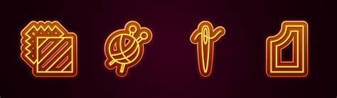 세트 라인 레이어 의류 직물 뜨개질 바늘이 있는 원사 공 재봉실 및 재봉 패턴용 바늘 빛나는 네온 아이콘입니다 벡터 개념에 대한 스톡 벡터 아트 및 기타 이미지 Istock