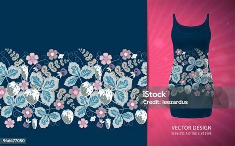 딸기 수평 원활한 국경입니다 벡터 일러스트입니다 손 그리기 딸기 여름에 사용 하는 원활한 테두리 드레스를 모의 블루와 진한 파란색에 분홍색 0명에 대한 스톡 벡터 아트 및