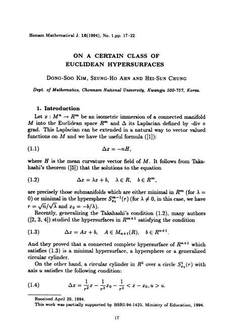 Pdf On A Certain Class Of Euclidean Hypersurfaces