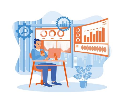 Premium Vector An Analyst Uses A Dual Screen Computer Analyze