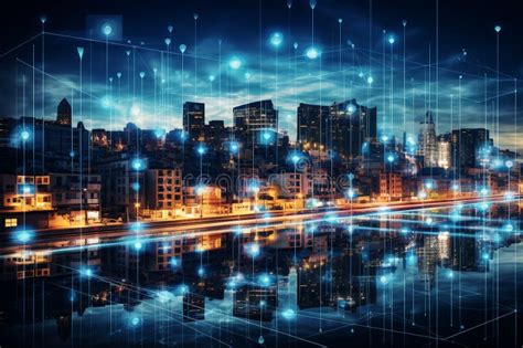 Modern Cityscape Buildings And Digital Connection Concept 3d Rendering Double Exposure Stock