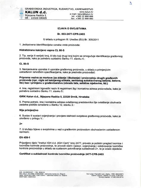 Izjava O Svojstvima Kalun Hidratizirano Kalcijevo Vapno Priprema Veziva Za Mortove Pdf