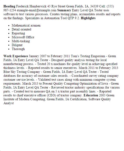 Entry Level Qa Tester Resume Sample Eloisereynolds Blog