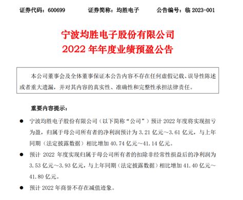 均胜电子2022年预计净利润为321 361亿元，实现扭亏为盈 蓝鲸财经