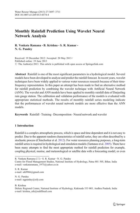 Pdf Monthly Rainfall Prediction Using Wavelet Neural Network Analysis