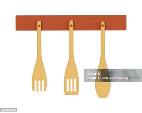 나무 포크 주걱 숟가락이 있는 주방용품이 나무 판자에 매달려 있다 3차원 형태에 대한 스톡 사진 및 기타 이미지 3차원 형태 가정 생활 가정 주방 Istock
