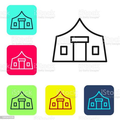 흰색 배경에 고립 된 검은 줄 관광 텐트 아이콘 캠핑 기호 색상 정사각형 단추로 아이콘을 설정합니다 벡터 Emergency Shelter에 대한 스톡 벡터 아트 및 기타