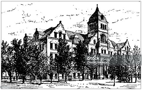 미국 사우스 다코타 랜드 마크 및 회사의 골동품 삽화 워터 타운 고등학교 19세기에 대한 스톡 벡터 아트 및 기타 이미지 19세기 19세기 스타일 건물 외관 Istock