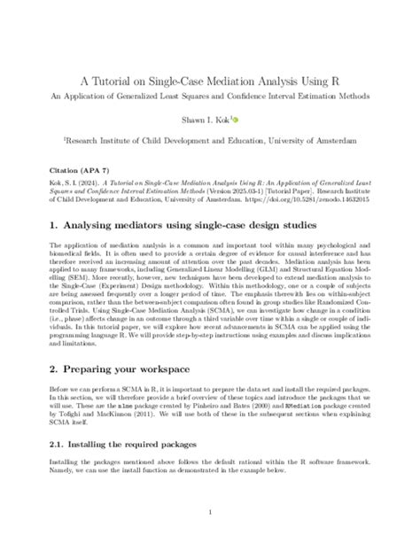 Pdf A Tutorial On Single Case Mediation Analysis Using R An Application Of Generalized Least