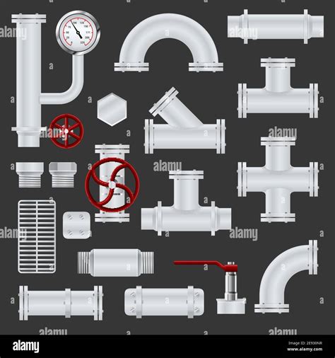 Realistic Pipeline Realistic Icons Set With Metal Steel Tubes And Pipe