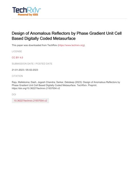 Pdf Design Of Anomalous Reflectors By Phase Gradient Unit Cell Based Digitally Coded Metasurface