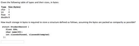 solved given the following table of types and their sizes
