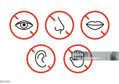 말하고 듣고 보고 만지고 냄새를 맡지 마십시오 눈 귀 입 코 손 제한 선 아이콘 장기 감각 기호를 제한합니다 빨간색 금지 원의 아이콘입니다 벡터 아이콘에 대한 스톡 벡터