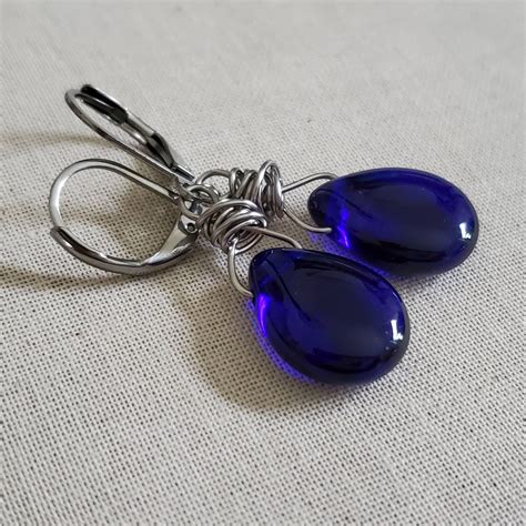 Cobalt Blue Glass Teardrop Earrings Antiqued Silver Wire Wrapped
