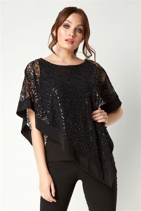 Sequin Lace Overlay Top In Black Roman Originals Uk