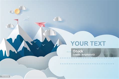 푸른 하늘에 산 위에 비행 비행기의 3d 삽화 예술 크리에이 티브 디자인 종이 잘라 비즈니스 팀웍 또는 대상 된 산 개념 아이디어의 공예 스타일 텍스트 공간을 장면 벡터