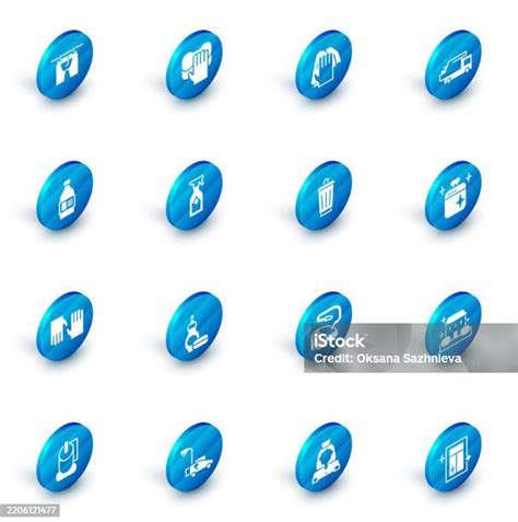 청소 서비스 쓰레기 수거차 세척제 병 고무 장갑 스프레이 병 조리 냄비 및 쓰레기통 아이콘을 설정합니다 벡터 3차원 형태에 대한 스톡 벡터 아트 및 기타 이미지 Istock