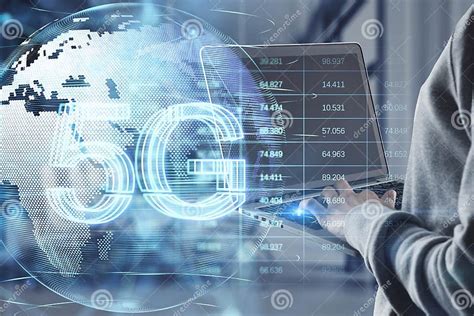 Close Up Of Hacker Hands Using Laptop With Glowing Planet Earth Globe Hologram With 5g And Index